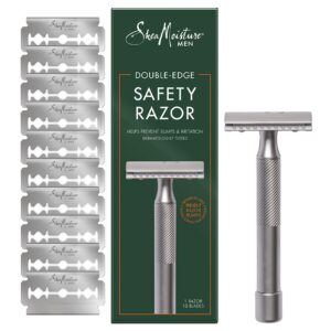 shea moisture men, double edge safety razor with 10 refill double edge razor blades for men, platinum coated, stainless steel, dad gifts, 1 razor handle & 10 razor blades per box