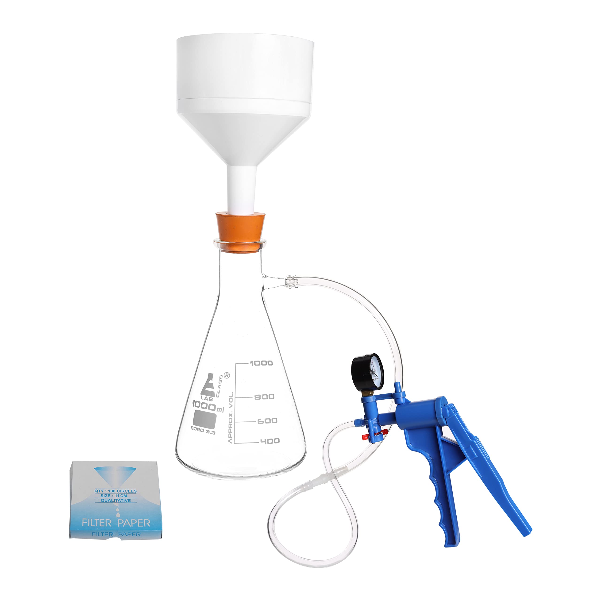 EISCO Complete Vacuum Filtration Kit - Includes 1000mL Filtering Flask, Hand Vacuum Pump, Buchner Funnel, Filter Papers, Rubber Tubing & Stopper