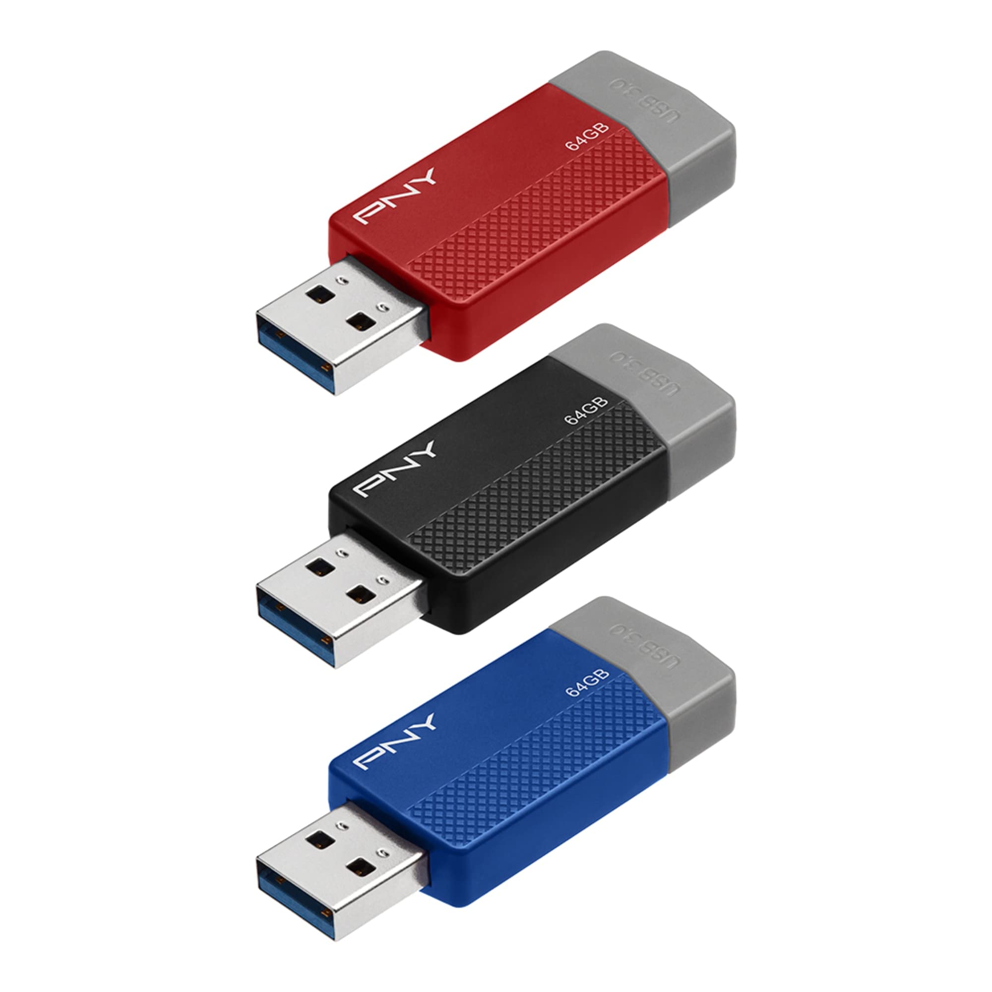 PNY USB 3.0 Flash Drives, 64GB, Assorted Colors, Pack Of 3 Drives