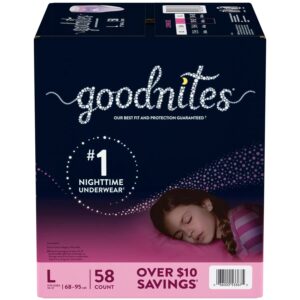 goodnites bedtime underwear for girls, large (68-95 pounds), 58 count