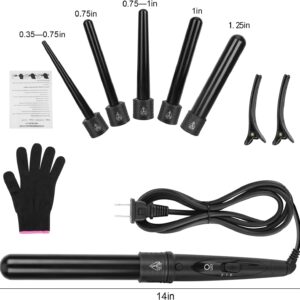 5 In 1 Curling Wand Set, Curling Iron Interchangeable Ceramic Barrels (0.35-1.25 Inch), Heating Hair Curler Kit with Protective Glove & 2 Clips Ceramic Coated for All Hair Types, Gift for Girls, Women