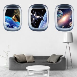 Quanhaigou Galaxy Wall Decals, Set of 3 Space Capsule Planet Fake Window Sticker 3D Outer Space Mural Wall Decal for Bedroom Living Room Kids Room Home Decor