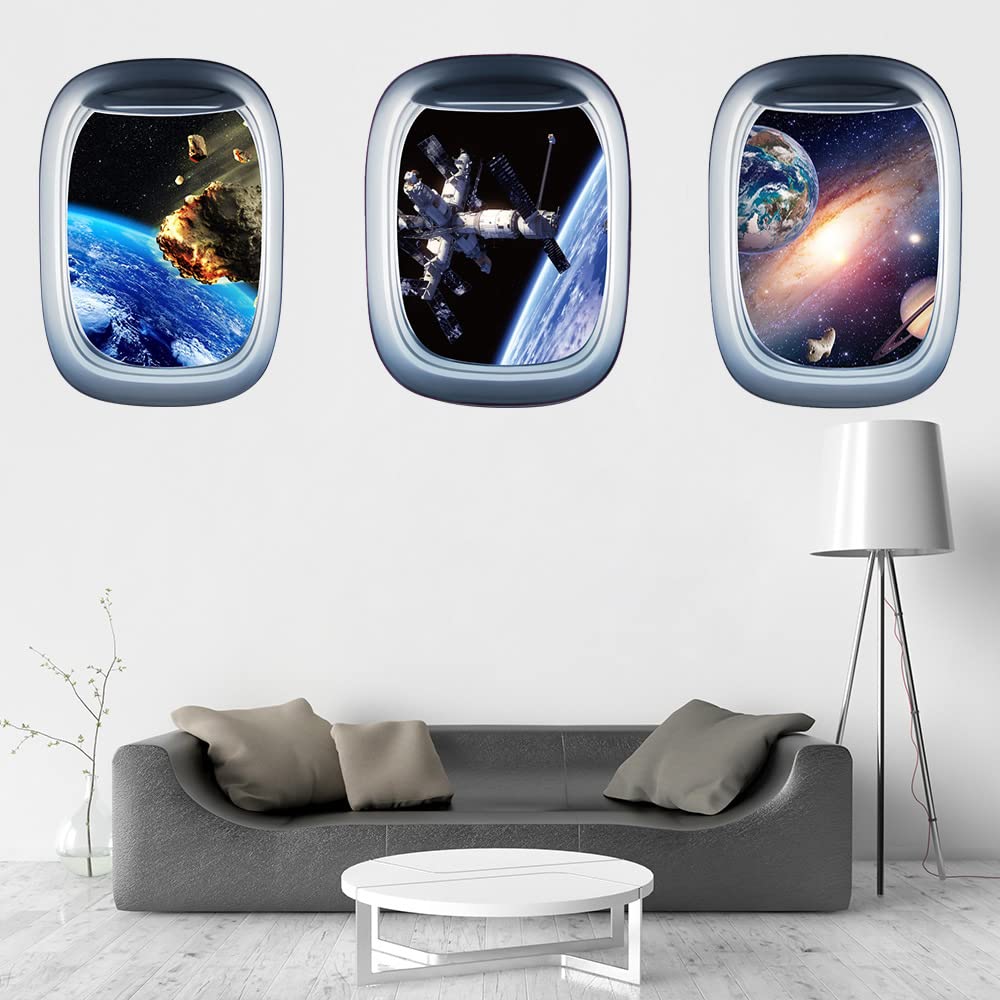 Quanhaigou Galaxy Wall Decals, Set of 3 Space Capsule Planet Fake Window Sticker 3D Outer Space Mural Wall Decal for Bedroom Living Room Kids Room Home Decor