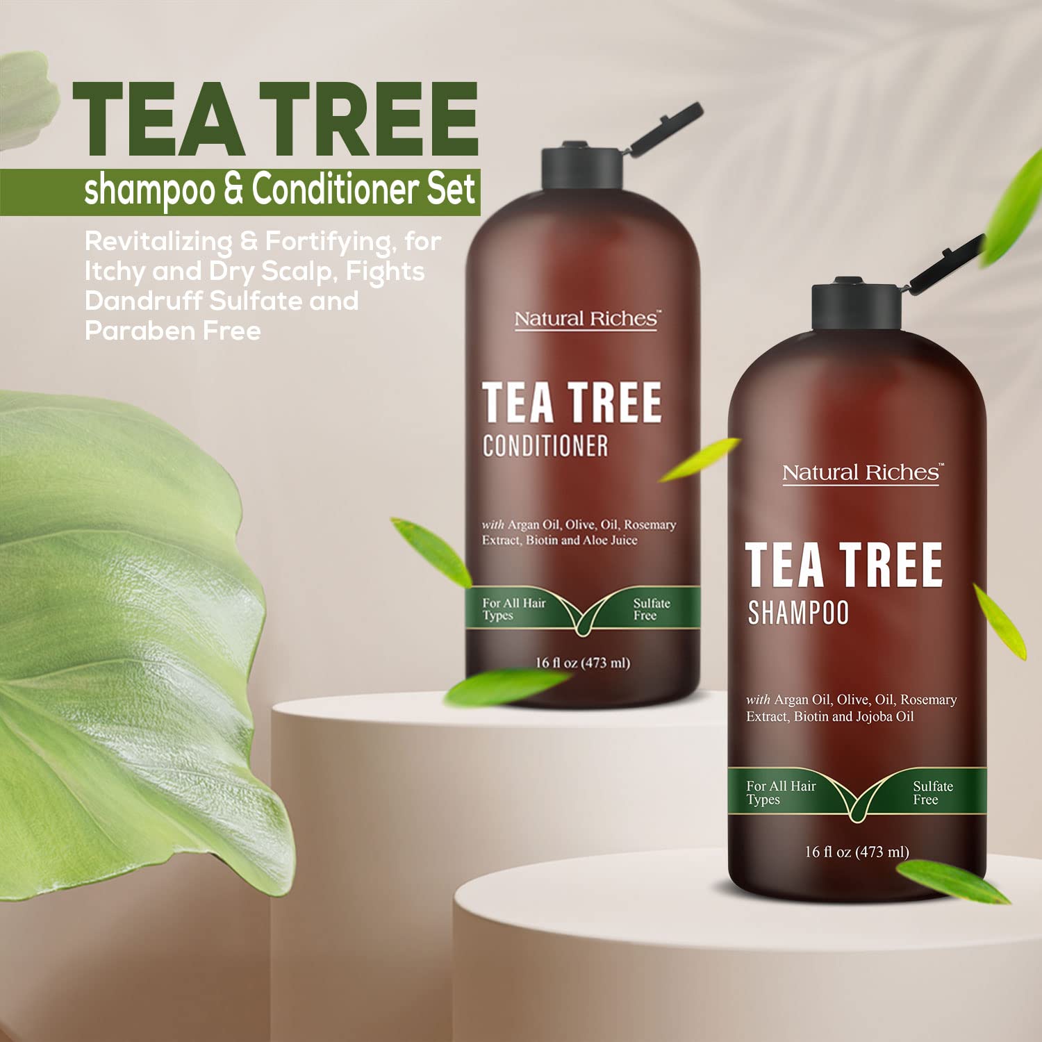 Natural Riches Refreshing Women's and Men's Shampoo and Conditioner Set - With Pure Tea Tree Oil, Boosts Shine, Tames Frizz, Sulfate-Free, Good for Dry, Itchy Scalp