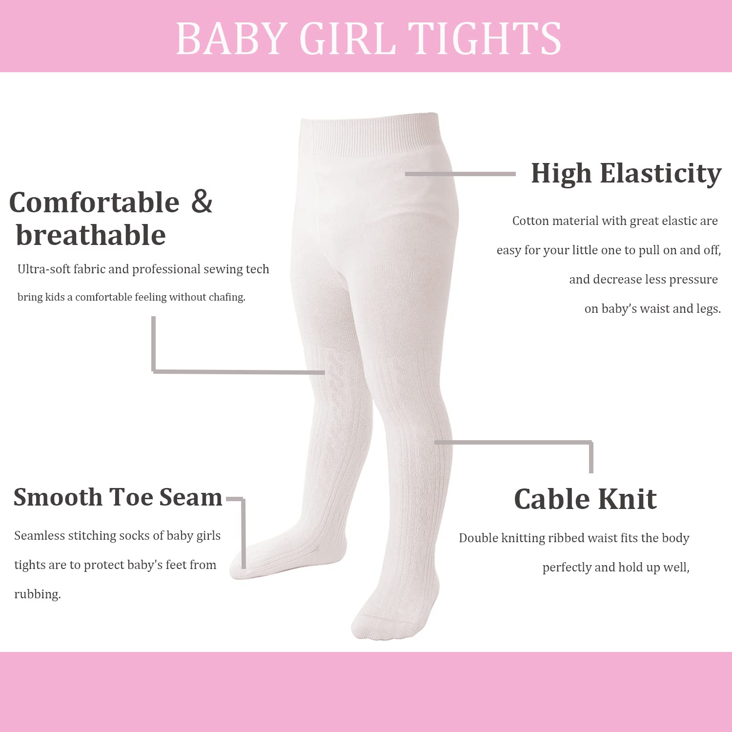 Marchare Baby Girls Tights Thick Solid Cable Knit Leggings Winter Warm Stockings For Toddler Girls 0-3 months Black/Ivory White/Pink 3 Pack