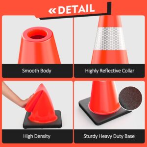 RoadHero 4 Pack Traffic Safety Cones 18 Inch with Black Weighted Base, Plastic PVC Cone, Orange Cones with Reflective Collar, Cones for Parking Lot, Construction Events, Road Safety