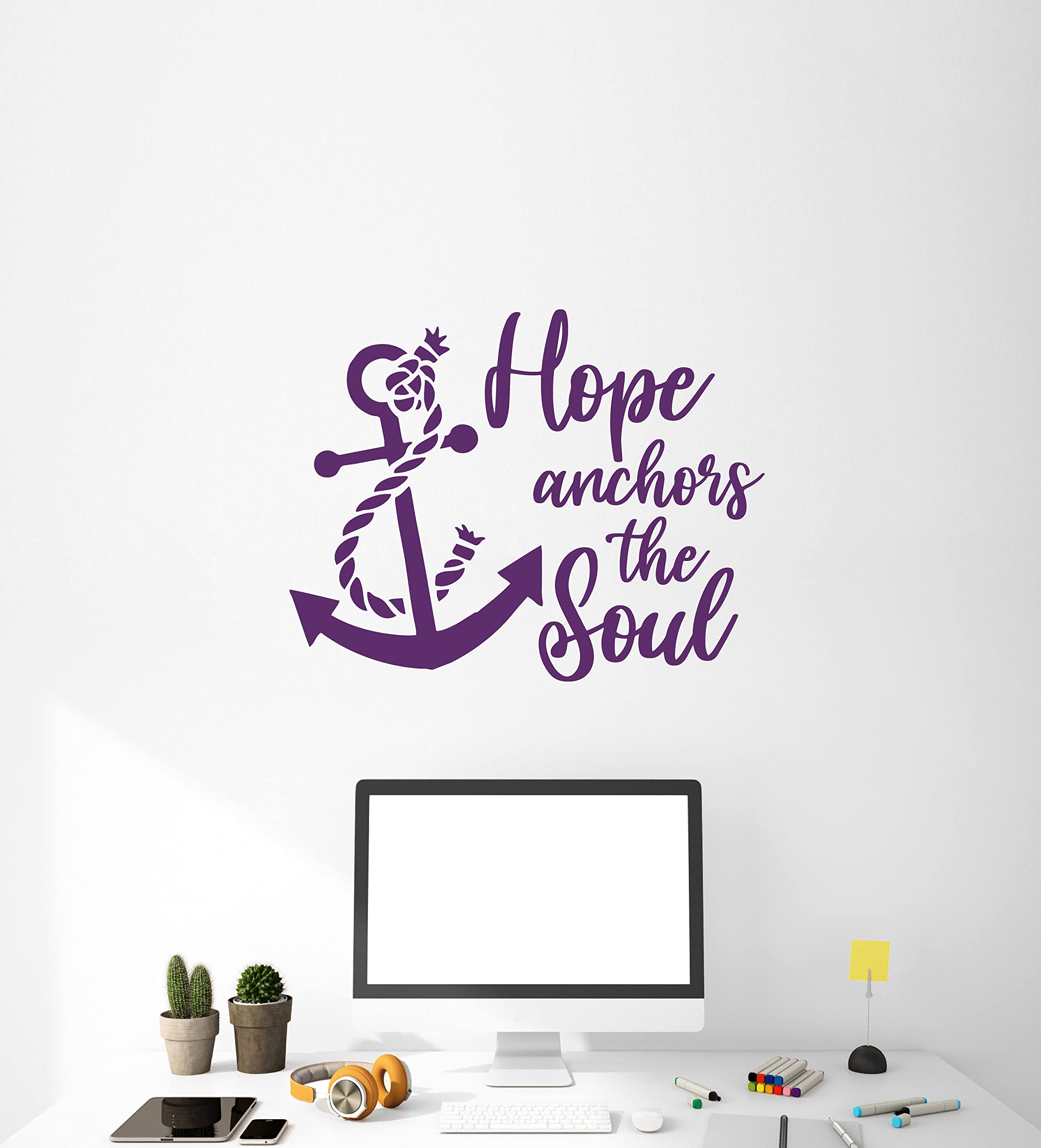 Hope Customized Vinyl Wall Decal - Customized Nautical Inspirational Quote - Hope Anchors The Soul With Anchor Silhouette - Home Decoration for Family Room, Nursery, Bedroom, or Beach House - Removable Sticker