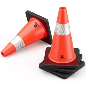 roadhero 4 pack traffic safety cones 18 inch with black weighted base, plastic pvc cone, orange cones with reflective collar, cones for parking lot, construction events, road safety