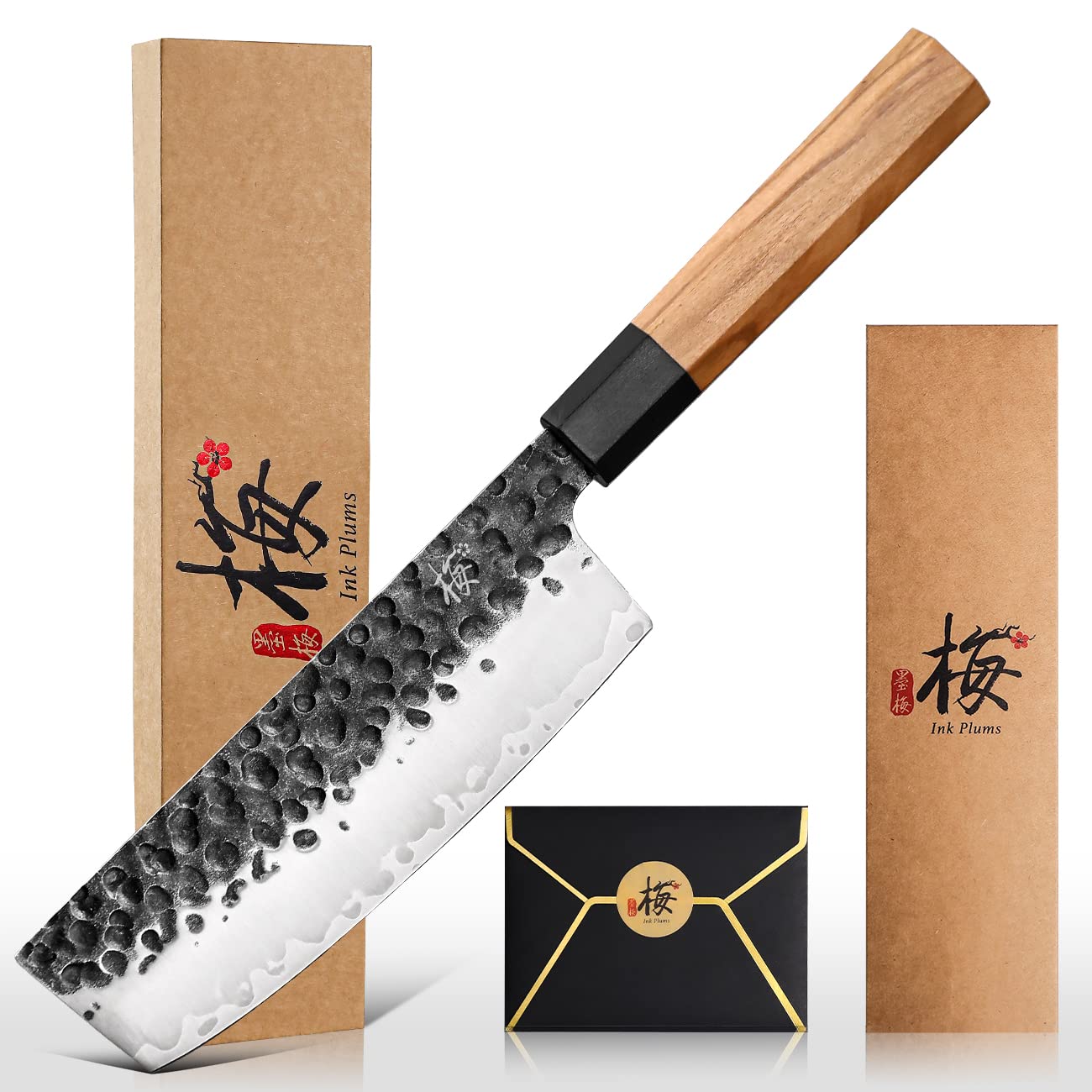 Ink Plums 6.7 Inch Kitchen Usuba Knife,Vegetable Cleaver Knife Asian Nakiri Knife,Stainless Steel With Hand-forged,Olivewood Handle and Gift Box for Family & Restaurant