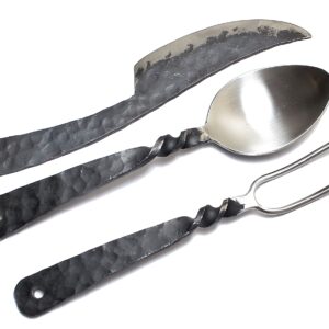 Handforged Medieval Cutlery Set - Stainless Steel Knife, Fork and Spoon Set - Includes Genuine Leather Utensil Pouch