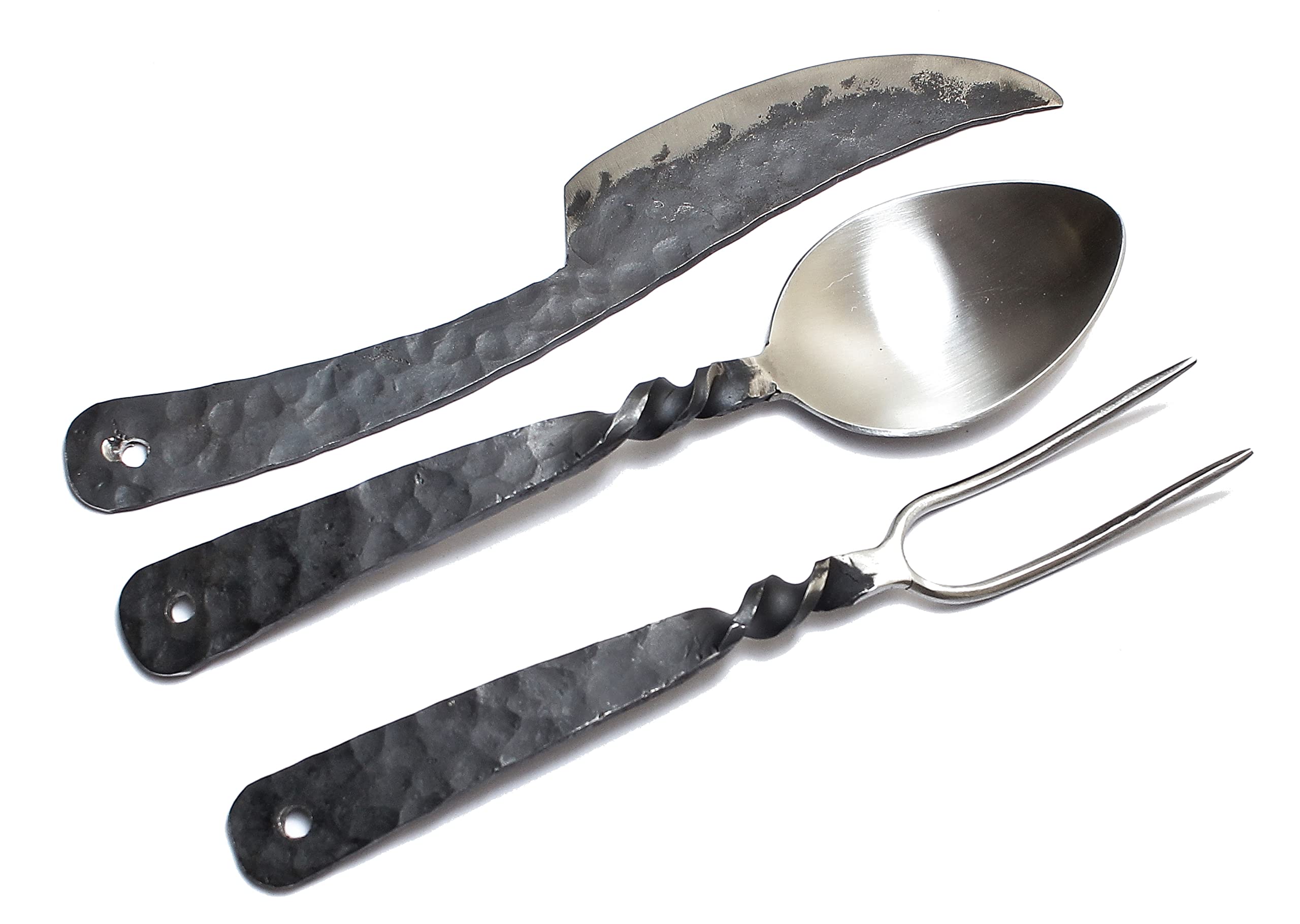 Handforged Medieval Cutlery Set - Stainless Steel Knife, Fork and Spoon Set - Includes Genuine Leather Utensil Pouch