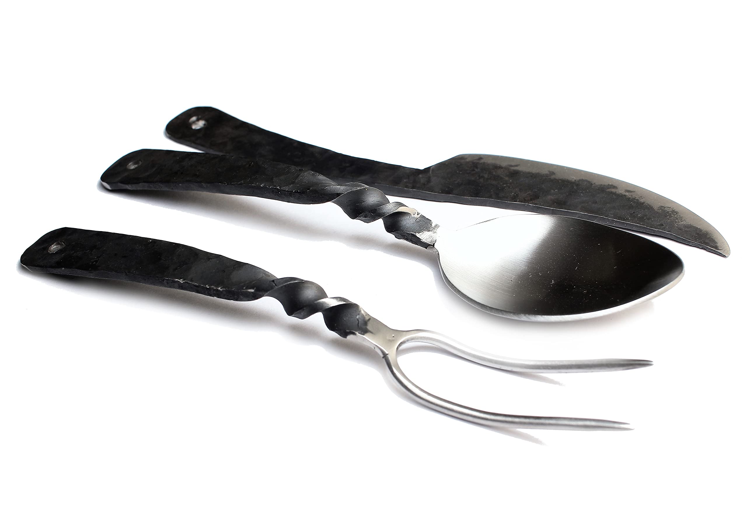 Handforged Medieval Cutlery Set - Stainless Steel Knife, Fork and Spoon Set - Includes Genuine Leather Utensil Pouch