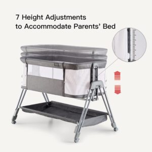 Baby Bassinet Bedside Sleeper, Portable Bedside Bassinet for Baby Travel, Easy Folding 7 Height Adjustable Bedside Crib with Mosquito Net and Carry Bag (Light Grey)