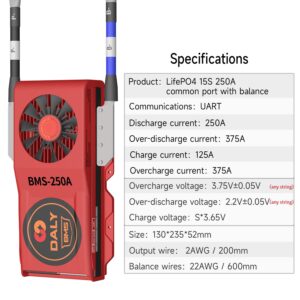 DALY Bluetooth BMS Lifepo4 48V 250A 15S Battery Protection Board with Smart Communiation Function UART Cooling Fan for DIY Camping RV Energy Supply System(Smart BMS,250A Fan)