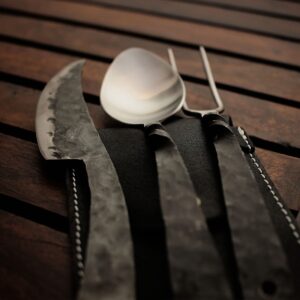 Handforged Medieval Cutlery Set - Stainless Steel Knife, Fork and Spoon Set - Includes Genuine Leather Utensil Pouch