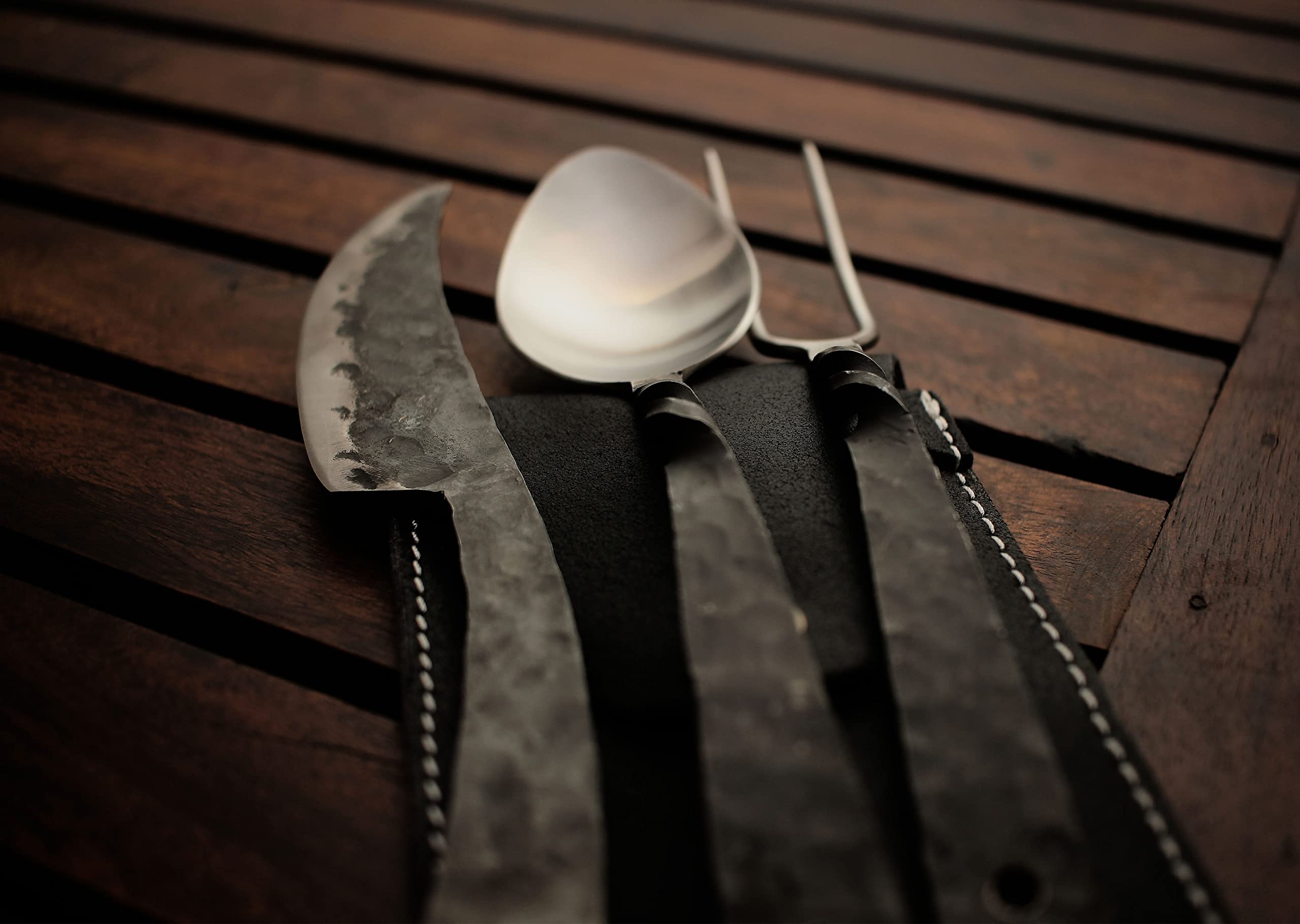 Handforged Medieval Cutlery Set - Stainless Steel Knife, Fork and Spoon Set - Includes Genuine Leather Utensil Pouch