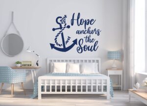 hope customized vinyl wall decal - customized nautical inspirational quote - hope anchors the soul with anchor silhouette - home decoration for family room, nursery, bedroom, or beach house - removable sticker