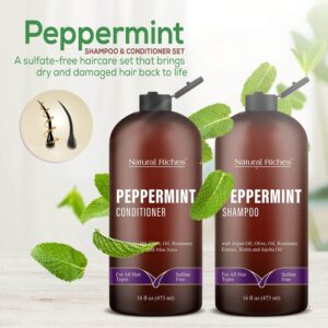 Natural Riches Peppermint Shampoo & Conditioner Set - Clarifying Formula for Thinning Hair, Fights Hair Loss, Promotes Hair Growth, Hydrating & Refreshing, Sulfate Free for Men Women, 16 fl oz each