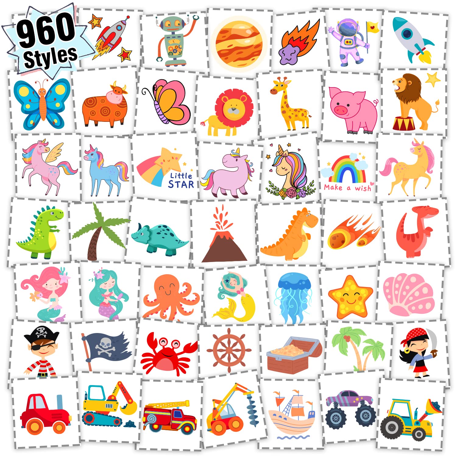 Partywind 960 PCS Individually Wrapped Tattoos for Kids Bulk, Cute Temporary Tattoo Stickers for Birthday Party Supplies Favors, Fake Tattoos for Kids Christmas Games (20 Sheets)