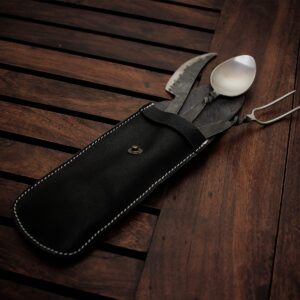 Handforged Medieval Cutlery Set - Stainless Steel Knife, Fork and Spoon Set - Includes Genuine Leather Utensil Pouch