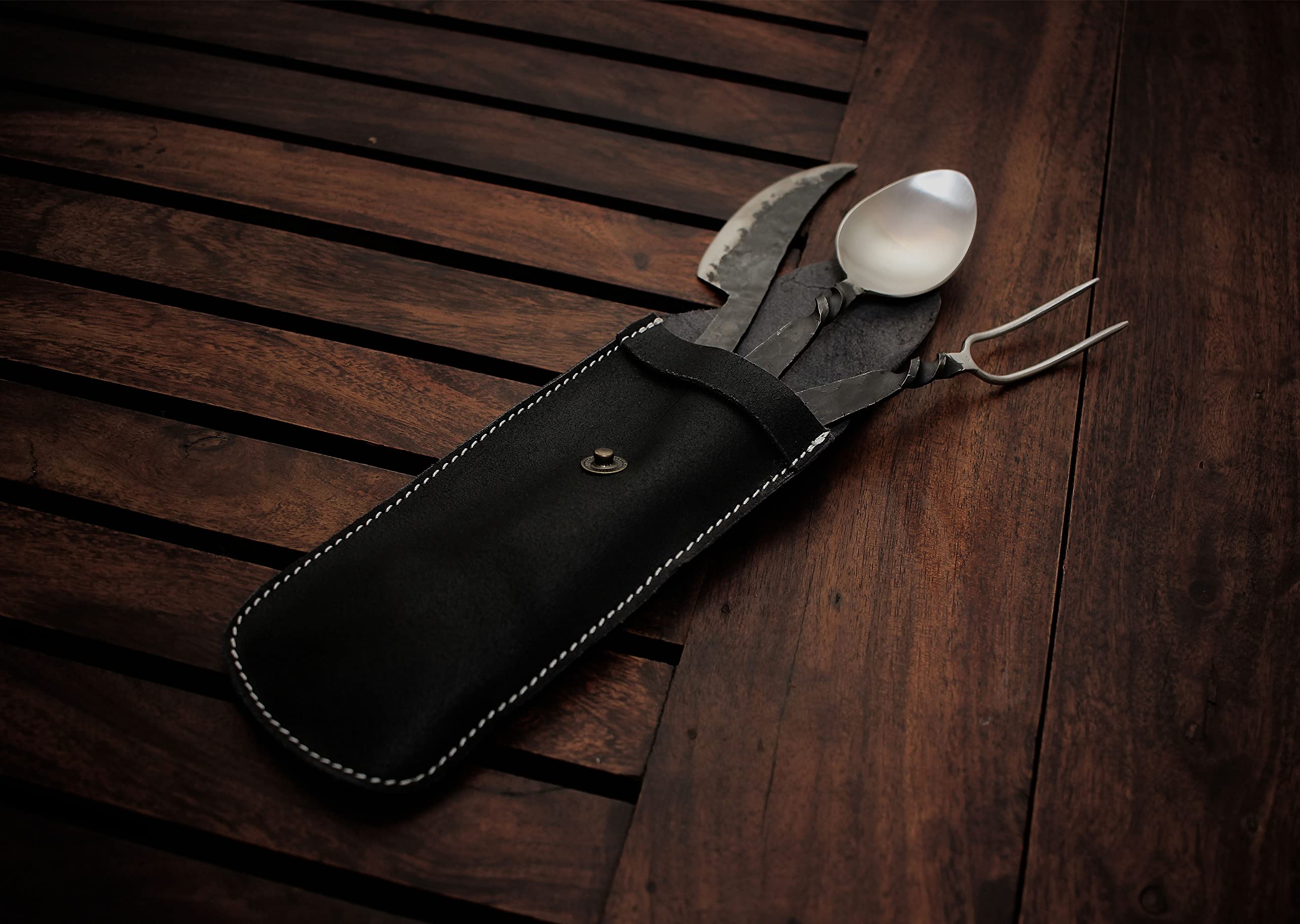 Handforged Medieval Cutlery Set - Stainless Steel Knife, Fork and Spoon Set - Includes Genuine Leather Utensil Pouch