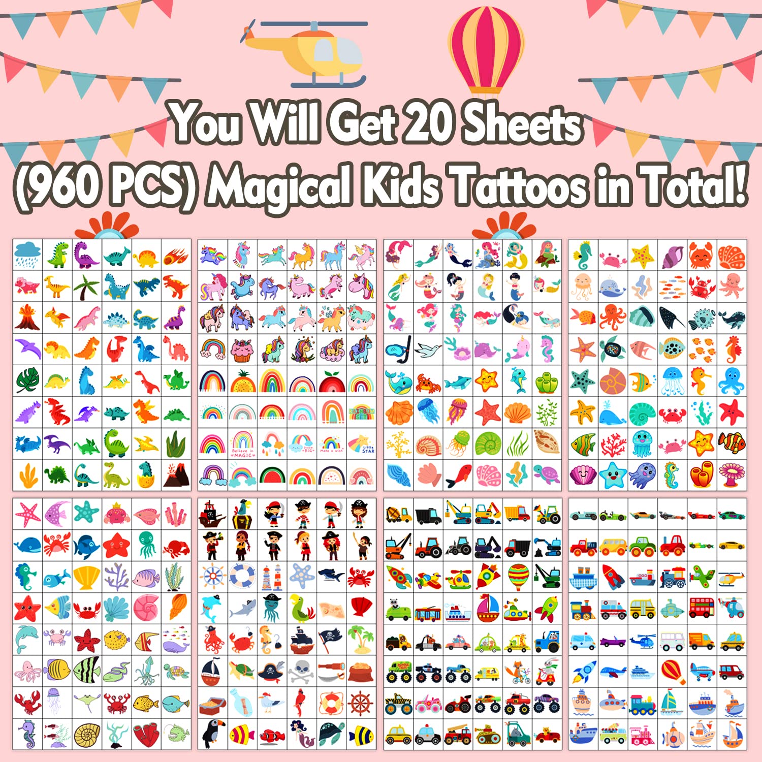 Partywind 960 PCS Individually Wrapped Tattoos for Kids Bulk, Cute Temporary Tattoo Stickers for Birthday Party Supplies Favors, Fake Tattoos for Kids Christmas Games (20 Sheets)