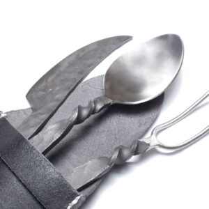 Handforged Medieval Cutlery Set - Stainless Steel Knife, Fork and Spoon Set - Includes Genuine Leather Utensil Pouch