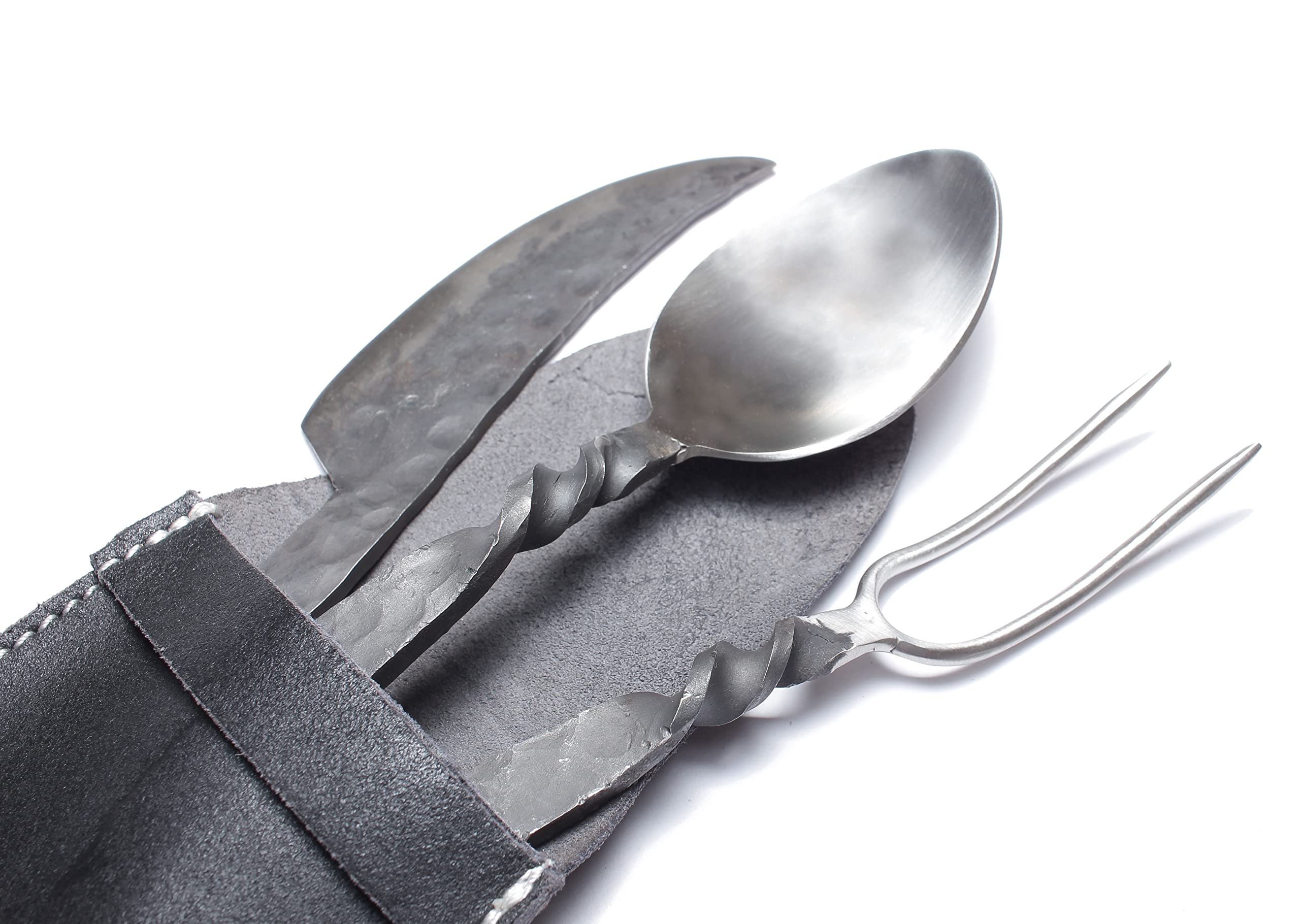 Handforged Medieval Cutlery Set - Stainless Steel Knife, Fork and Spoon Set - Includes Genuine Leather Utensil Pouch