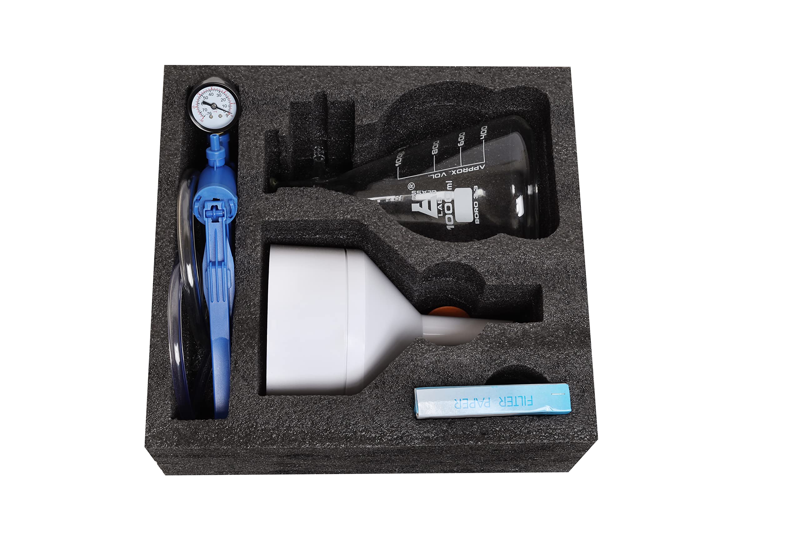 EISCO Complete Vacuum Filtration Kit - Includes 1000mL Filtering Flask, Hand Vacuum Pump, Buchner Funnel, Filter Papers, Rubber Tubing & Stopper