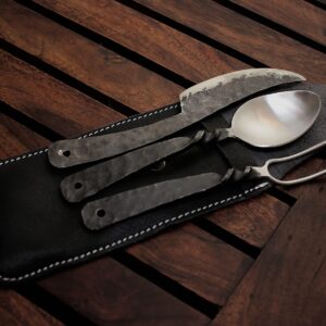 Handforged Medieval Cutlery Set - Stainless Steel Knife, Fork and Spoon Set - Includes Genuine Leather Utensil Pouch