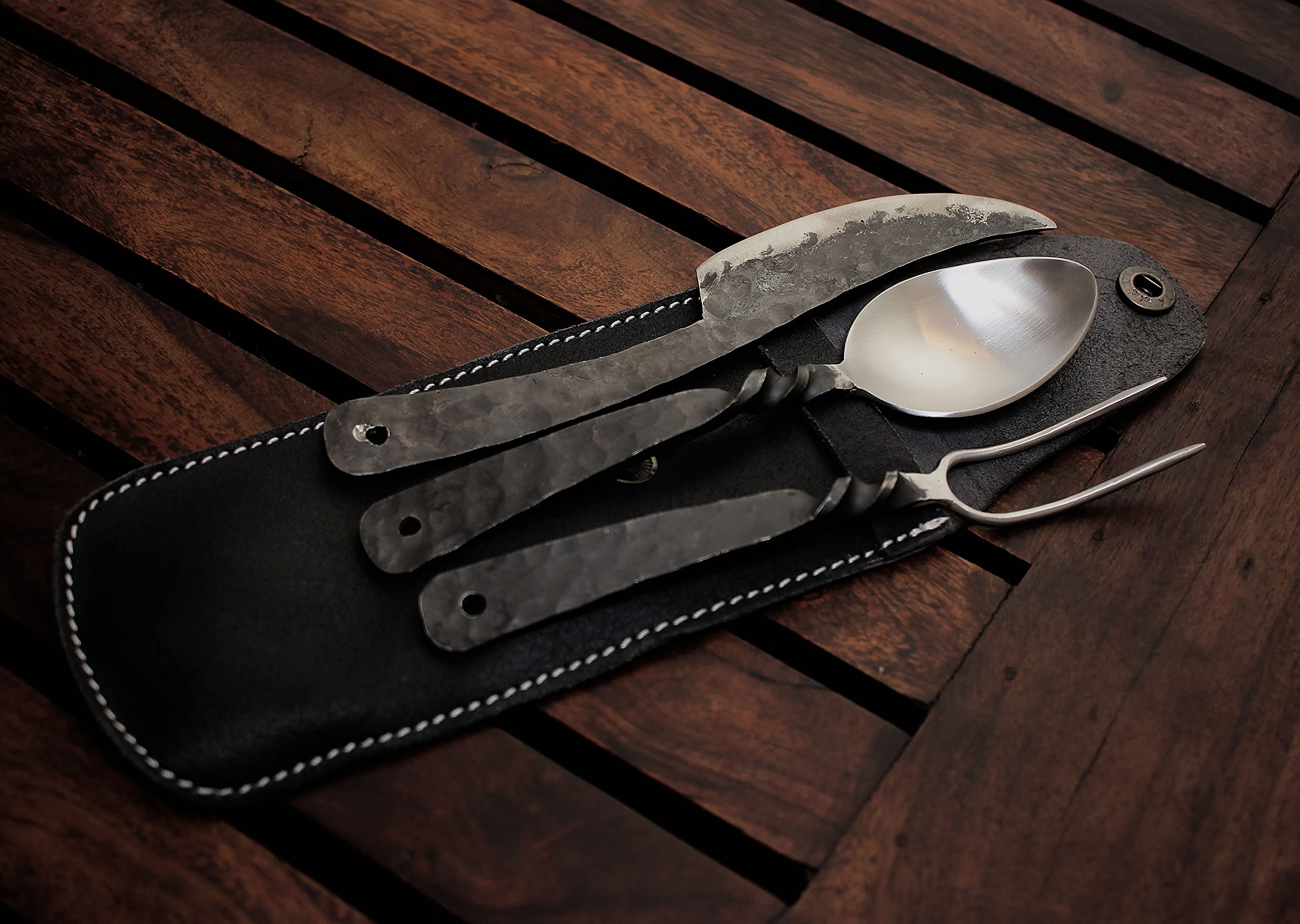 Handforged Medieval Cutlery Set - Stainless Steel Knife, Fork and Spoon Set - Includes Genuine Leather Utensil Pouch