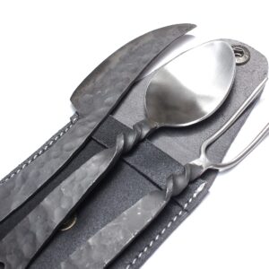 Handforged Medieval Cutlery Set - Stainless Steel Knife, Fork and Spoon Set - Includes Genuine Leather Utensil Pouch