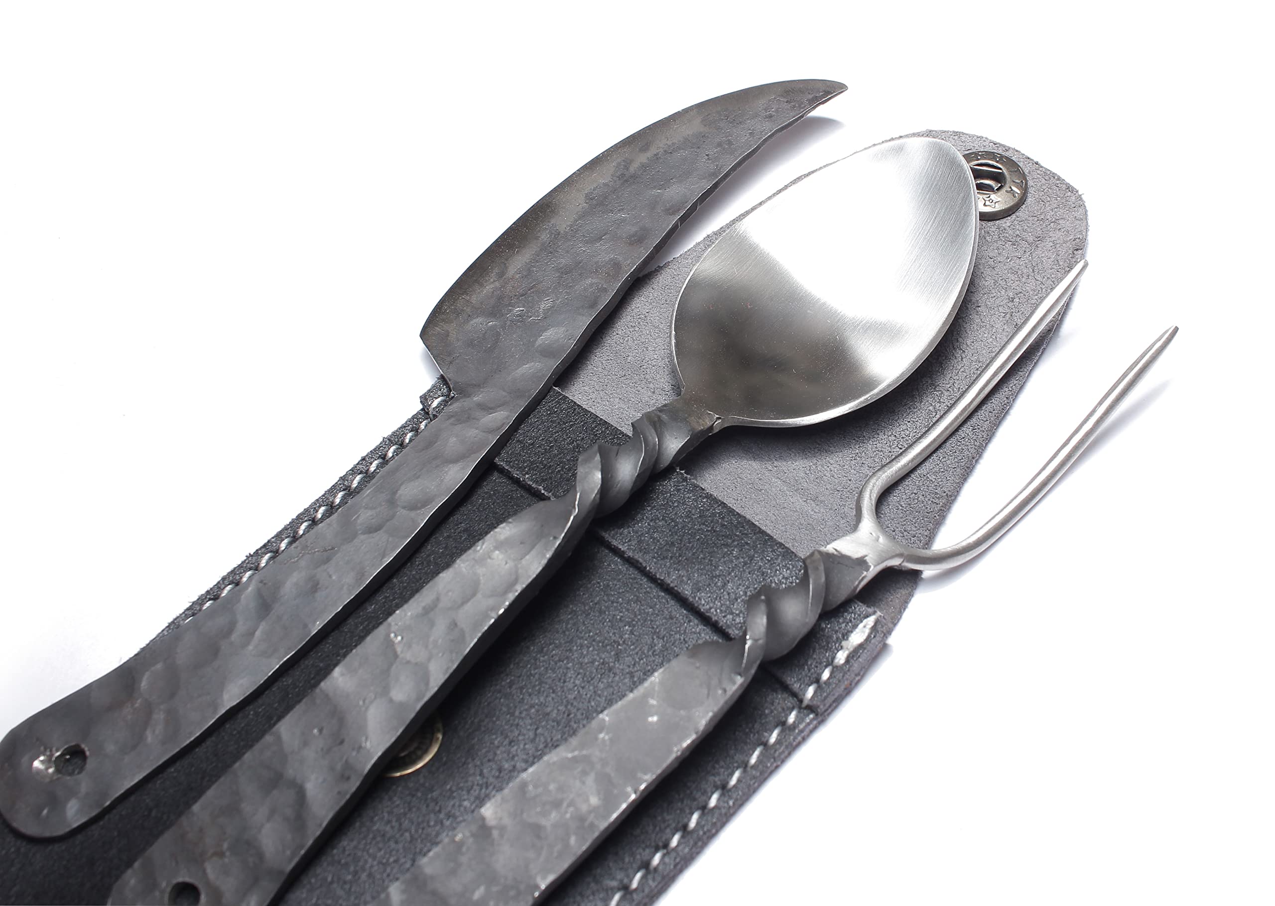 Handforged Medieval Cutlery Set - Stainless Steel Knife, Fork and Spoon Set - Includes Genuine Leather Utensil Pouch