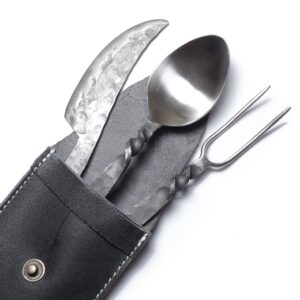 handforged medieval cutlery set - stainless steel knife, fork and spoon set - includes genuine leather utensil pouch