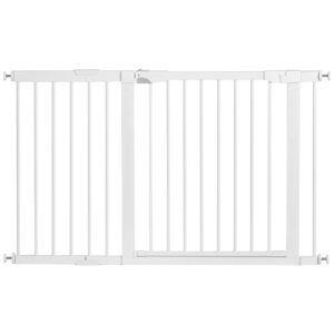 cowiewie baby gate for stairs, 29.5-51.6" extra wide walk through dog gate with door, auto-close metal safety gate with extensions for doorways and halls, pressure mounted no drilling