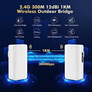 Outdoor Wireless Bridge, Point to Point WiFi Bridge, 2.4GHz 500M-1KM Distance, 2X 100Mbps Ethernet Port, 24V PoE Adapter, 2 Pack