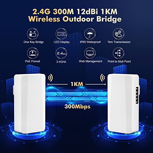 Outdoor Wireless Bridge, Point to Point WiFi Bridge, 2.4GHz 500M-1KM Distance, 2X 100Mbps Ethernet Port, 24V PoE Adapter, 2 Pack