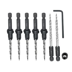 seonfook countersink drill bit set 5pcs 11/64" wood countersink drill bit with 2pcs extra tapered drill bit, 1 stop collar, 1 hex wrench, countersink drill bit for woodworking