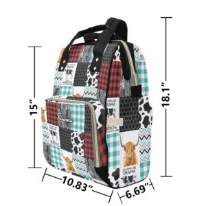 XOZOTY Highland Cow Patchwork Diaper Bags with Name Waterproof Mummy Backpack Nappy Nursing Baby Bags Gifts Tote Bag for Women