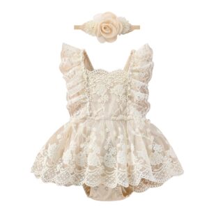 newborn baby girl 1st birthday outfit floral lace tulle romper tutu dress backless jumpsuits ruffled fly sleeves ruffle dresses flower headband one year cake smash princess boho clothes photo shoot