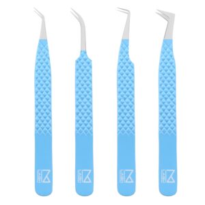 m lash tweezers for eyelash extensions (set of 4) - professional lash extension tweezers - fiber tip, japanese steel, diamond grip eyelash extension tweezer (teal)