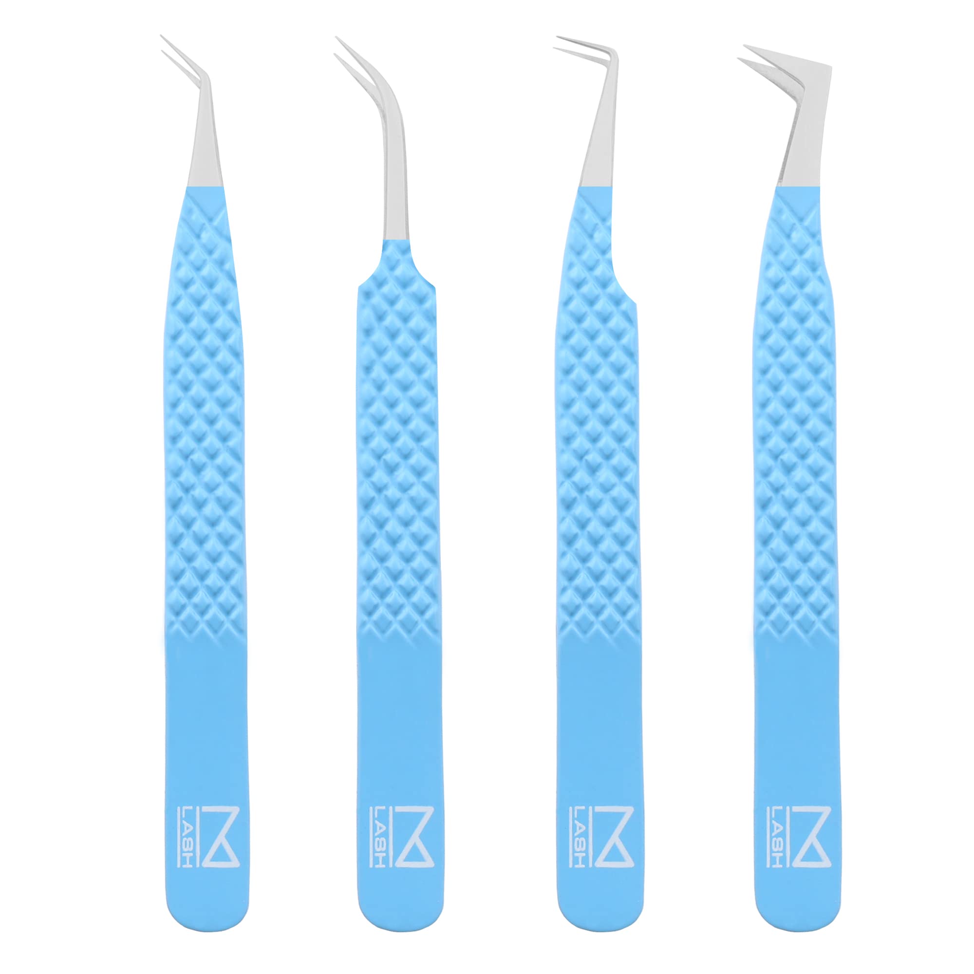 M LASH Tweezers for Eyelash Extensions (Set of 4) - Professional Lash Extension Tweezers - Fiber Tip, Japanese Steel, Diamond Grip Eyelash Extension Tweezer (Teal)