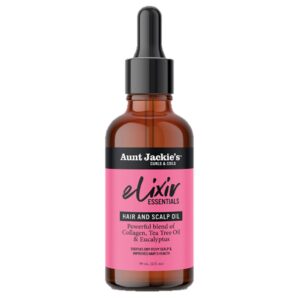 aunt jackie's elixir essentials hair & scalp oil, collagen, tea tree oil & eucalyptus, thickens & supports hair growth, 2 oz