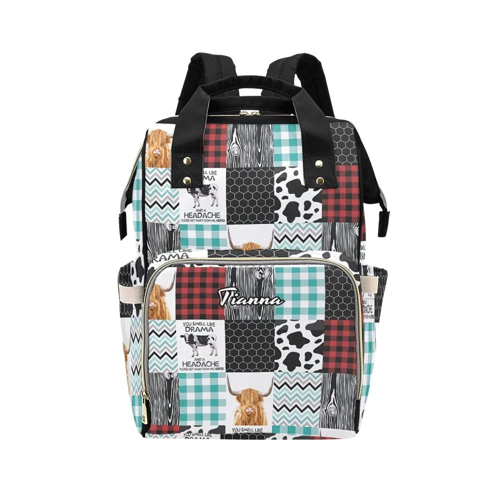 XOZOTY Highland Cow Patchwork Diaper Bags with Name Waterproof Mummy Backpack Nappy Nursing Baby Bags Gifts Tote Bag for Women