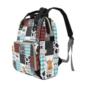 XOZOTY Highland Cow Patchwork Diaper Bags with Name Waterproof Mummy Backpack Nappy Nursing Baby Bags Gifts Tote Bag for Women