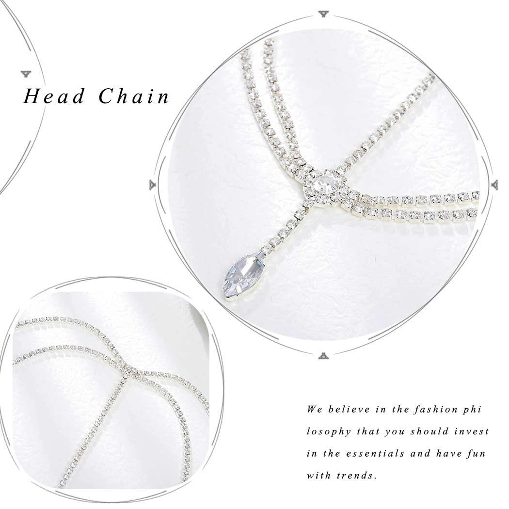 Aularso Rhinestone Head Chain Layerd Head Jewlery Silver Forehead Headpiece Wedding Prom Headbands Chain for Women and Girls (Silver)