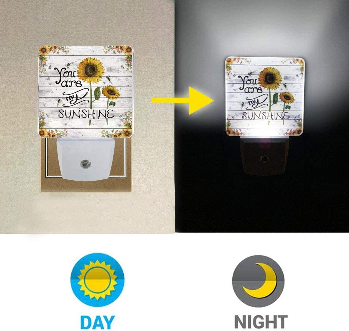 Sunflower Plug in Nightlights with Light Sensor Rustic Automatic Dusk to Dawn Sunshine Night-Lights Unique Custom Led Home Night Light for Dark Spaces Kids Room Nursery Playroom Toilet Bathroom Décor