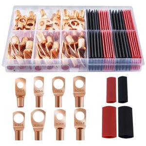 80 pcs copper wire lugs, battery terminal connectors awg 8 6 12/10 with heat shrink set, 40 pcs heavy duty battery cable ends ring terminals connectors with 40 pcs heat shrink tubing assortment kit