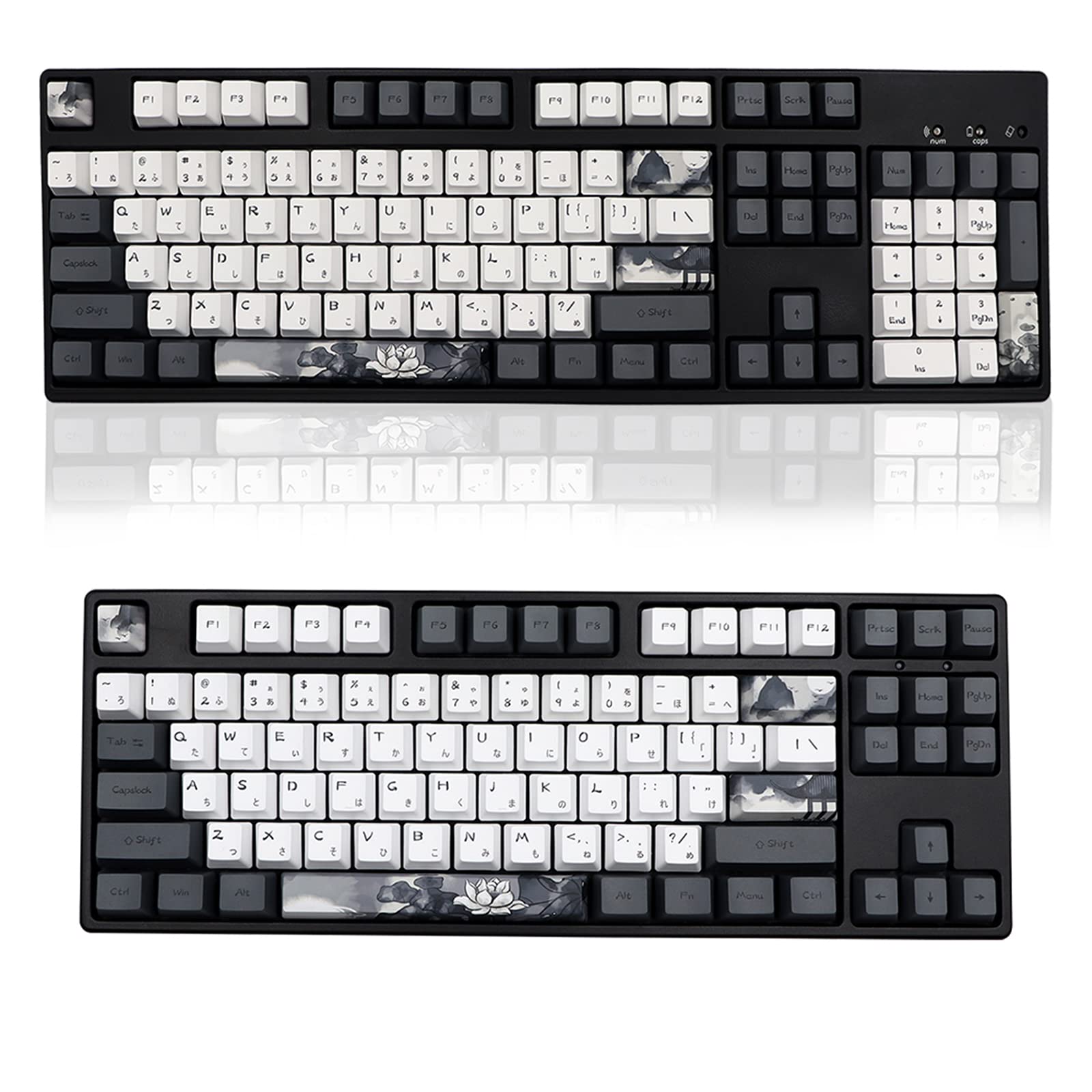 Ink Lotus Keycaps OEM Height PBT Sublimation Japanese Keycap for gk61/68/87/96/98/108 Mechanical Gaming Keyboard Key Cap Ink Lotus keycaps Set 140 Keys keycap