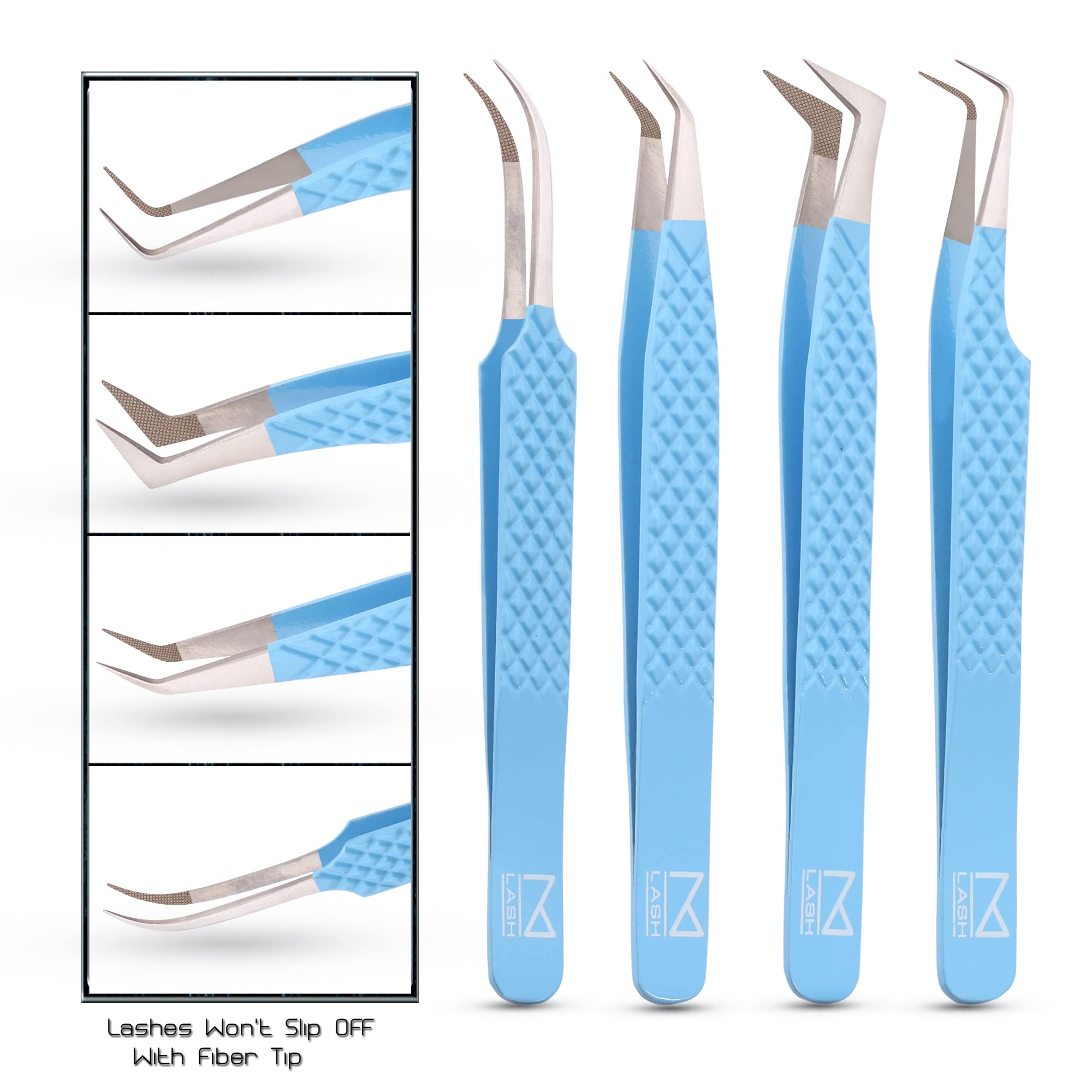 M LASH Tweezers for Eyelash Extensions (Set of 4) - Professional Lash Extension Tweezers - Fiber Tip, Japanese Steel, Diamond Grip Eyelash Extension Tweezer (Teal)